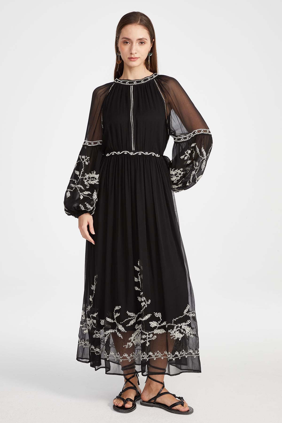 Isabel Silk Embroidered Dress in Black – ROSELABEL