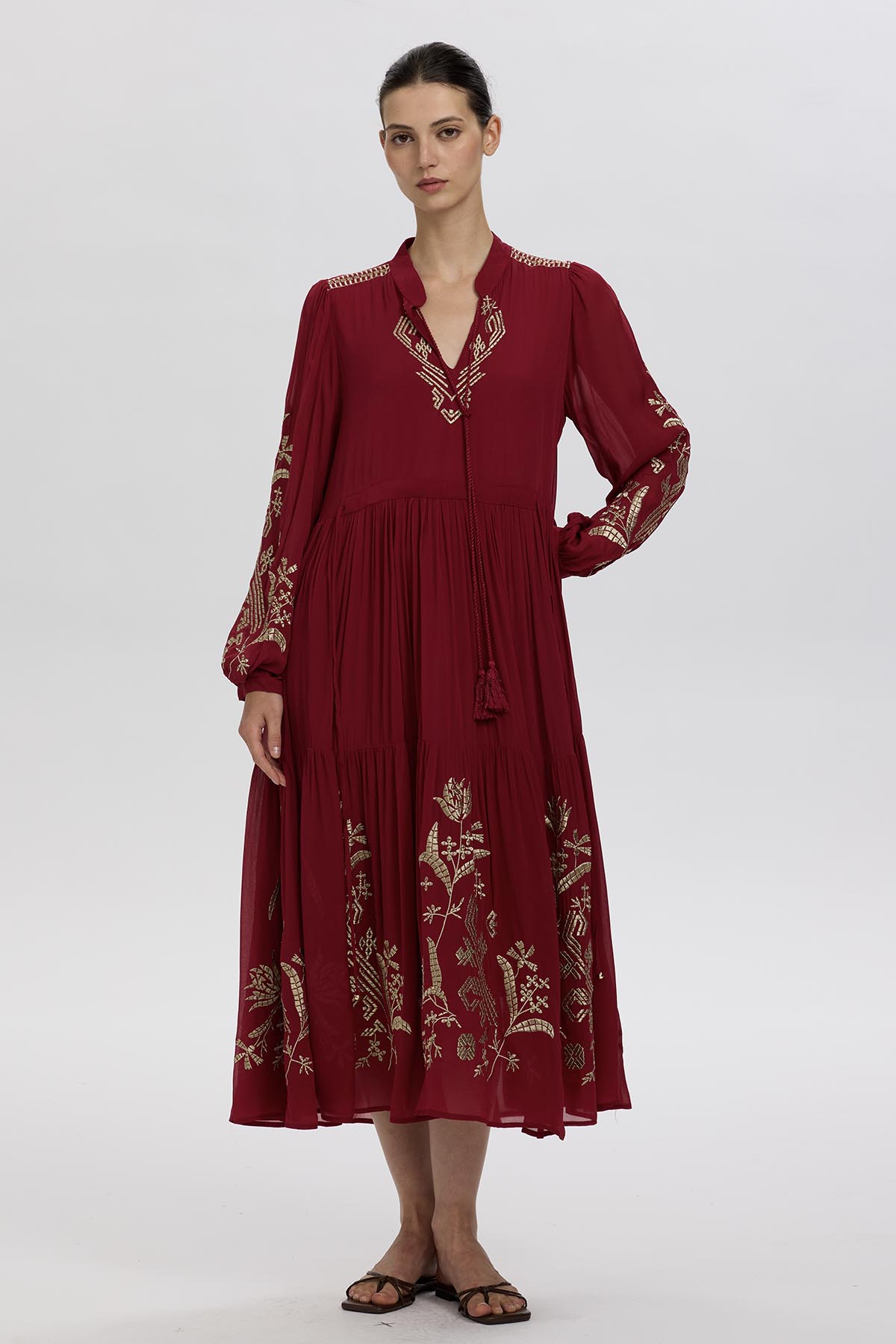 Felicity Ethnic V-Neck Embroidery Silk Dress – ROSELABEL